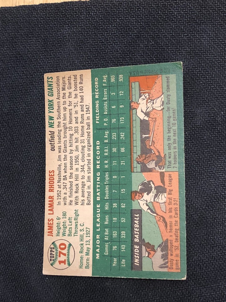 1954 JIM DUSTY RHODES Original Topps Baseball Card New York Giants #170 ...