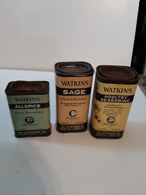 Lot Of 3 Vintage Watkins Spice Tins; allspice ,Sage ,poultry seasoning ...
