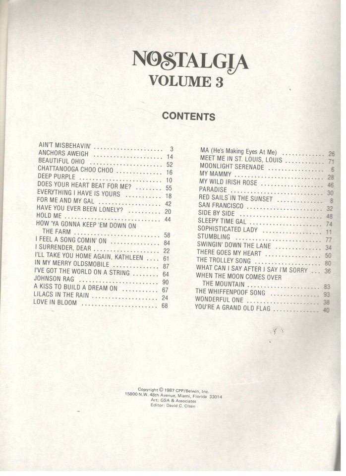 NOSTALGIA VOLUME 3 MUSIC BOOK PIANO/VOCAL/CHORDS SONGBOOK RARE BRAND ...