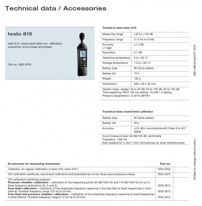GENUINE TESTO 815 SOUND LEVEL METER +32~ +130 DB 05638155; 31.5 Hz to 8 ...