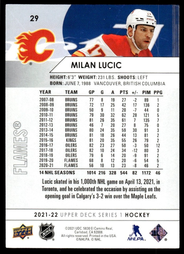 2021-22 Upper Deck Milan Lucic Calgary Flames #29 | eBay