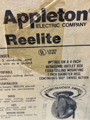 NEW Appleton Reelite-RE7S2G 360°Swivel Grounded 25' Retractable Cord ...