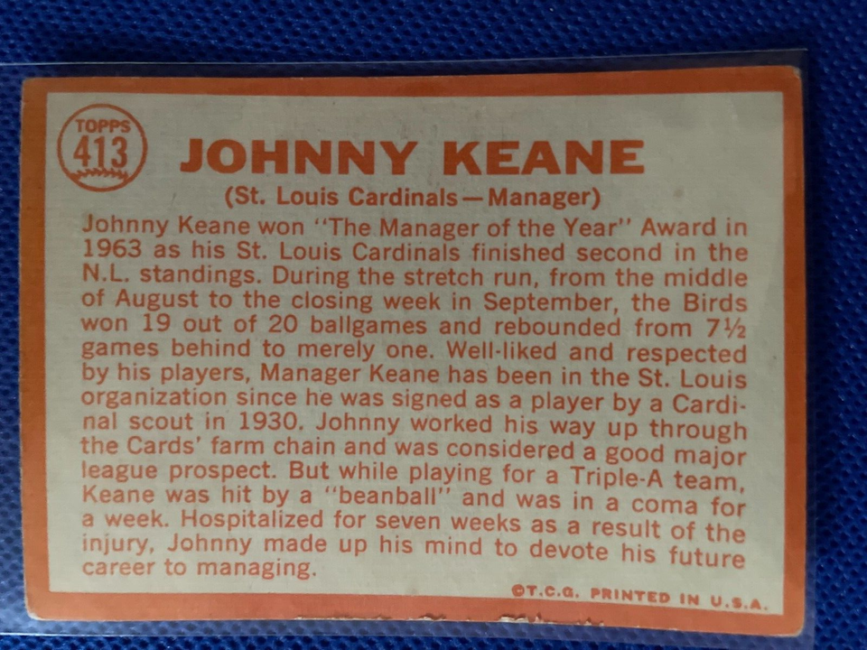 1964 TOPPS # 413 JOHNNY KEANE | eBay