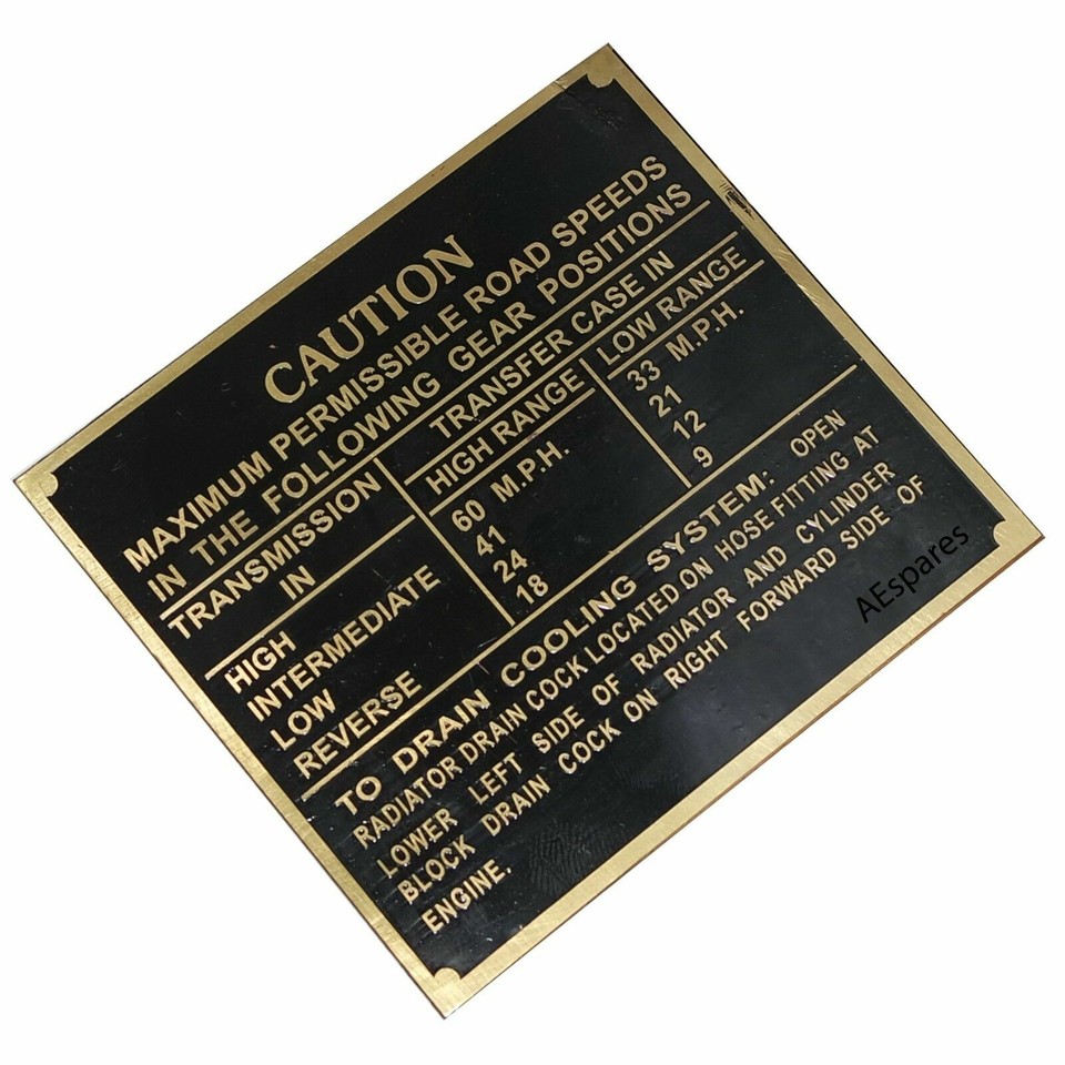 Dash Data Plate 3 Unit Brass Black For Jeeps Willys Ford CJ2A CJ3A CJ3 ...