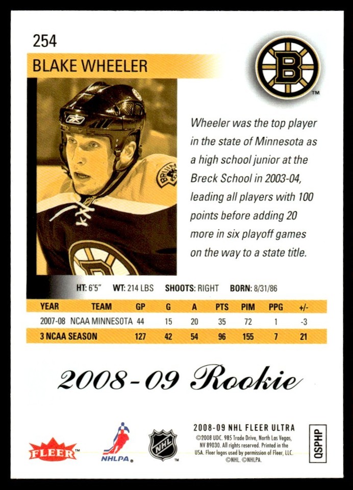 2008-09 FLEER ULTRA ROOKIE Blake Wheeler Boston Bruins #254 | eBay