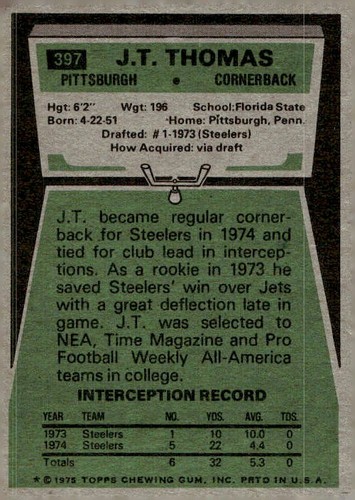 1975 Topps #397 J.T. Thomas Pittsburgh Steelers NM-MT or Better! PACK ...