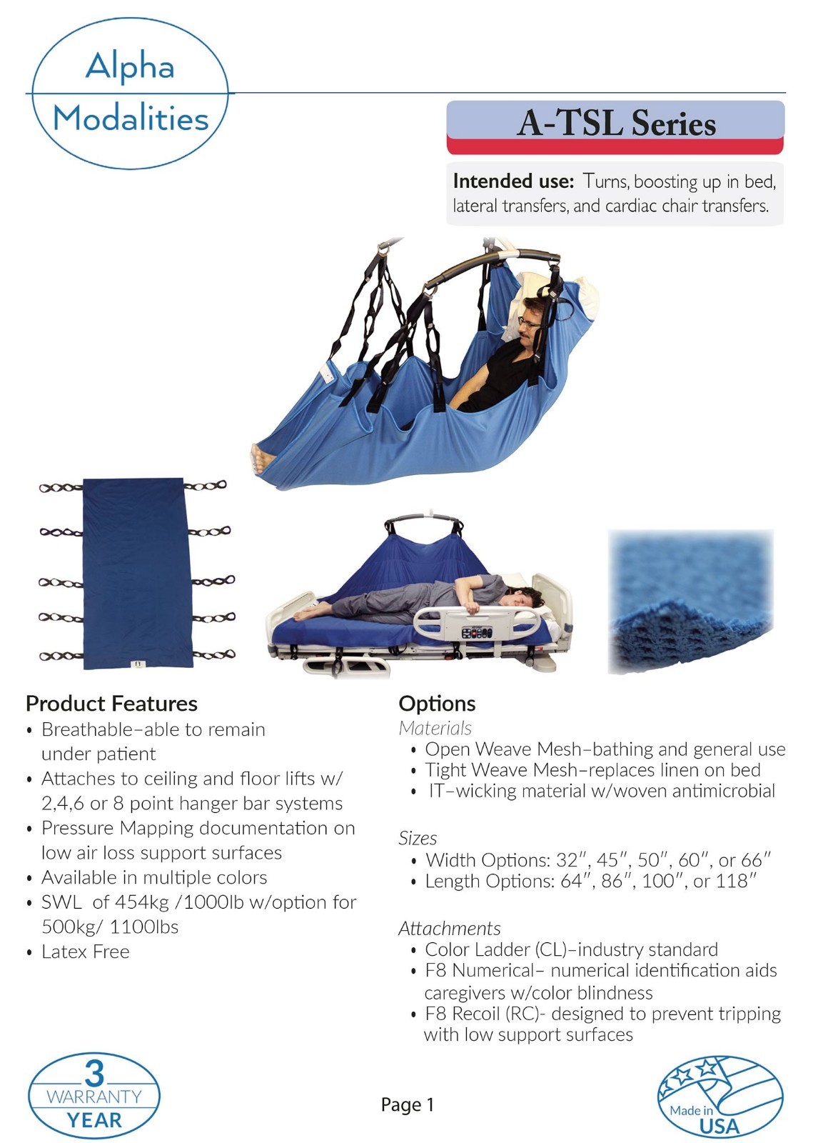 ALPHA MODALITIES 45" WIDE X 86" LONG A-TSL FULL ASSIST BODY SLING, 1000 ...