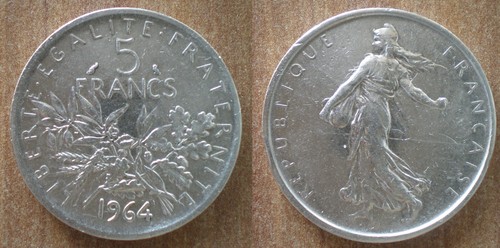 FRANCE 5 FRANCS 1964 Silver Semeuse Free Shipping Worldwide Franc Frcs ...