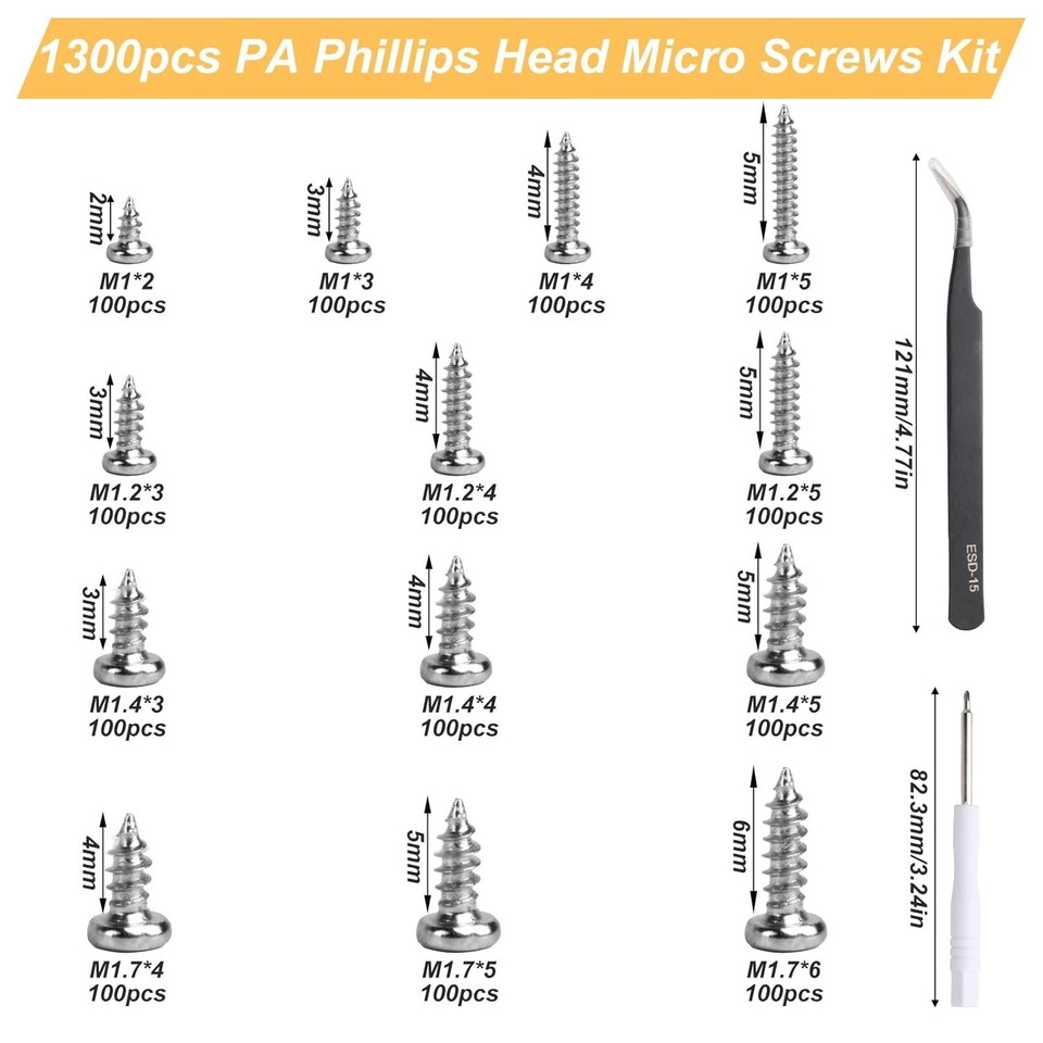 1300 Pcs Small Screws Great Set Self Tapping Phillips Pan Head Micro ...