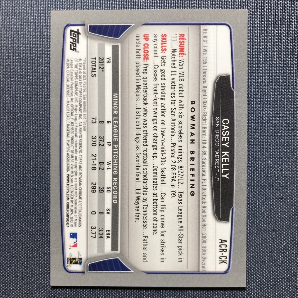 CASEY KELLY RC 2013 Bowman Chrome On-Card AUTO #ACR-CK San Deigo Padres ...