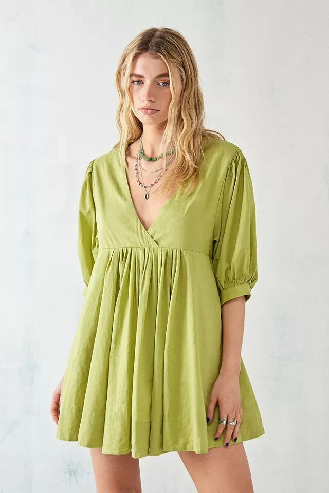 Ecote Vero Shapeless V-neck Mini Dress Urban Outfitters Puff Sleeve New ...