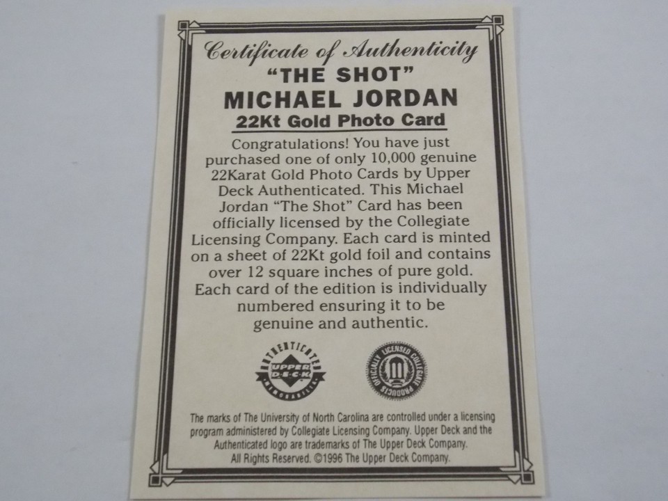 MICHAEL JORDAN 1996 Upper Deck 22k Gold Photo card in holder, THE SHOT ...