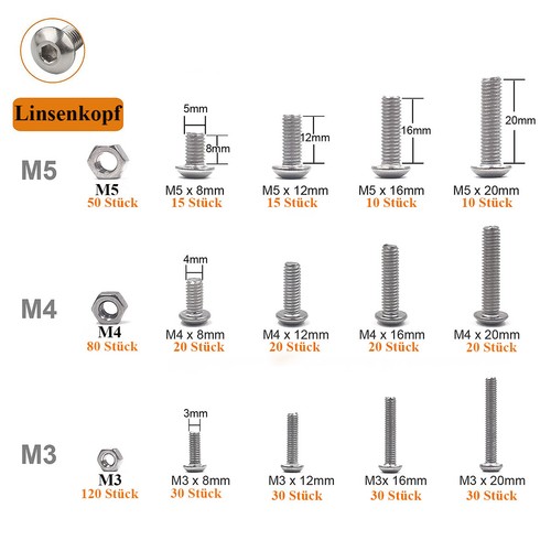500tlg M3 M4 M5 Linsenkopfschrauben Muttern Sortiment Edelstah A2 ...