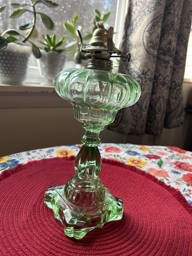 Vintage Depression Green Glass Oil Lamp w/o Globe 11" H With Wick ...