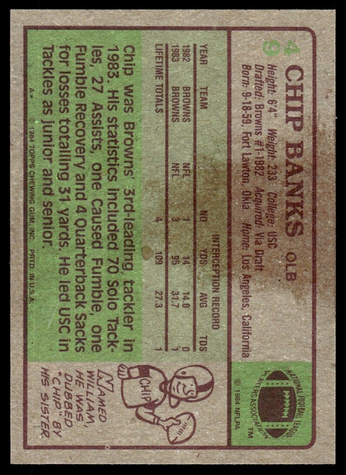 1984 TOPPS CHIP BANKS B CLEVELAND BROWNS #49 | eBay