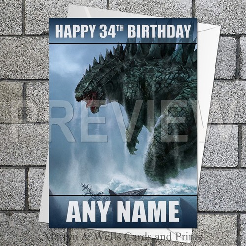 Godzilla birthday card. 5x7 inches. Godzilla. Personalised, plus ...