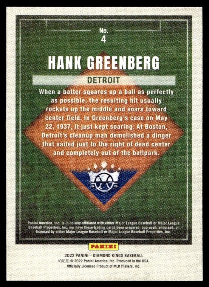2022 Panini Diamond Kings 4 Hank Greenberg Detroit Tigers Baseball Card ...