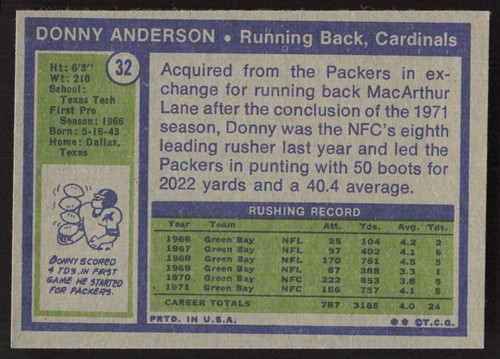 1972 Topps #32 Donny Anderson St. Louis Cardinals NR-MINT PACK FRESH ...