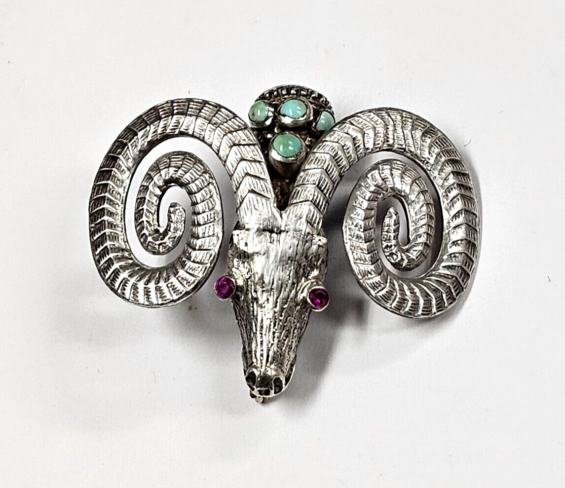 Vintage 830 Silver Ram's Head Pin Brooch - Gem