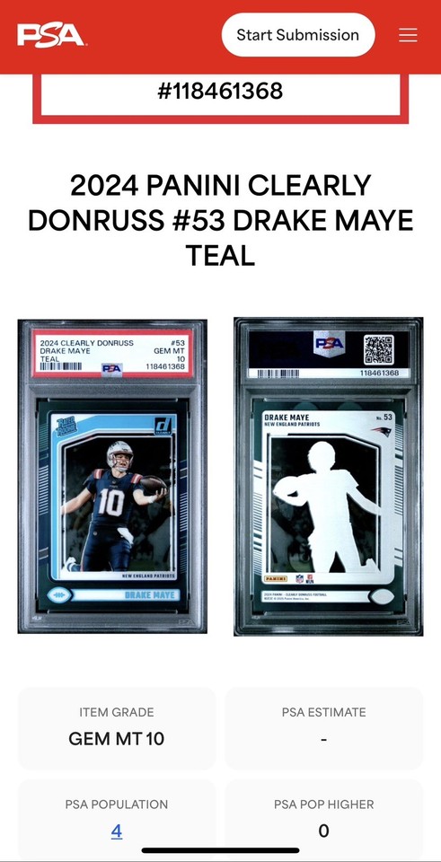 2024 Panini DonRuss #53 Drake Maye Clearly Teal PSA 10 RC Last Sold For ...