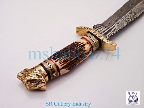 BEAUTIFUL WOLF CUSTOM HAND MADE DAMASCUS STEEL HUNTING SWORD KNIFE ...