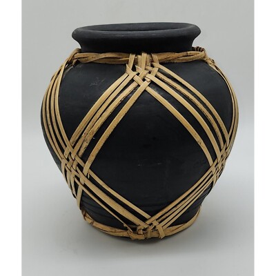 Vintage BOHO Art Pottery Dark Clay Woven Rattan Design Primitive Vessel ...