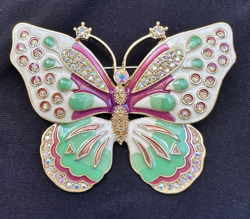 Signed KJL Multicolor Enamel and Rhinestone Butterfly Brooch - Kenneth ...