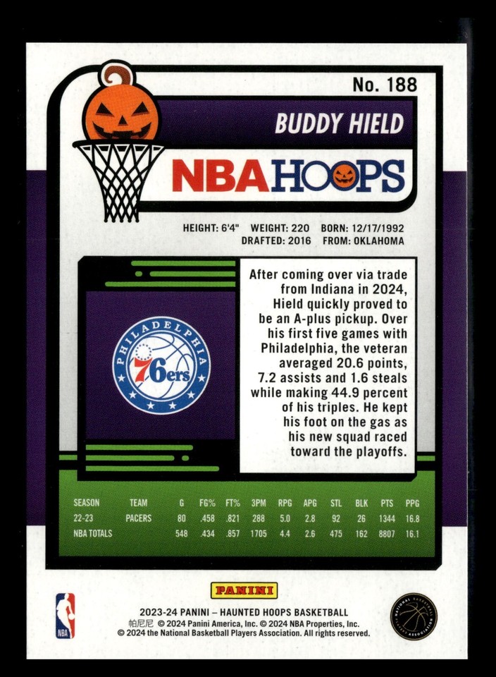 2023-24 NBA Haunted Hoops Holo Web SP #188 Buddy Hield Philadelphia ...