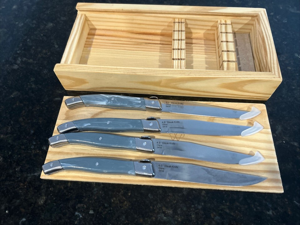 Wolfgang Puck Blue Marble Style Handle Steak Knife Set of 4 w/Wood Box ...