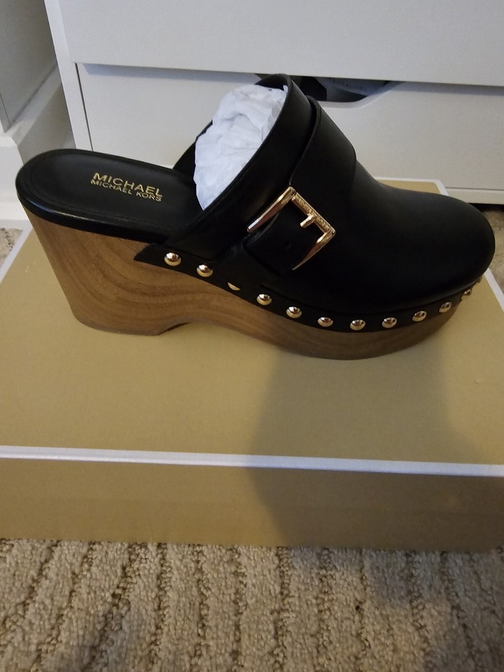 MICHAEL Michael Kors Womens Rye Leather Stud Wooden Mules Clogs Black ...