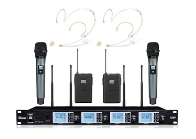 4 Channel Wireless Microphone System 2 Handheld 2 Head Headset Cordless ...