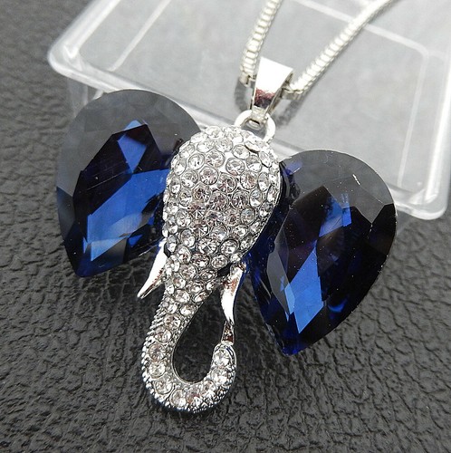 Women's Blue Clear Crystal Elephant Pendant Long Necklace | eBay
