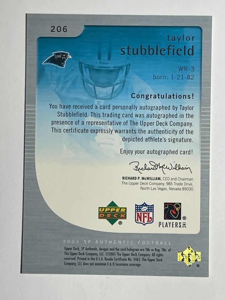 2005 SP Authentic Taylor Stubblefield #206 Rookie Authentics RC /850 | eBay