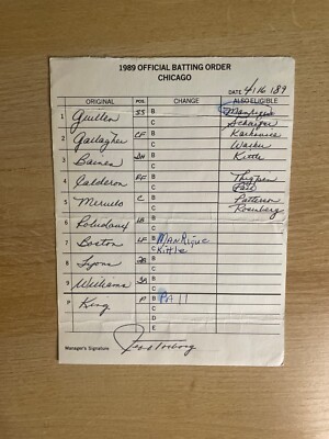 4/16/89 Jeff Torborg White Sox Signed Game Used Lineup Umpire Card B376 ...