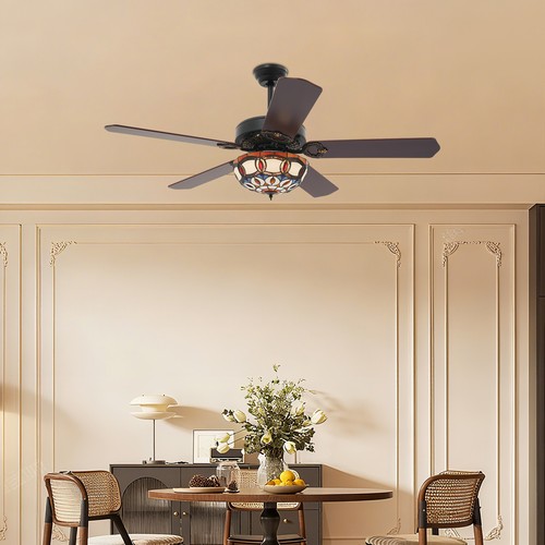 52'' Tiffany Ceiling Fan with 3 Lights +Remote Control, Wooden Ceiling ...