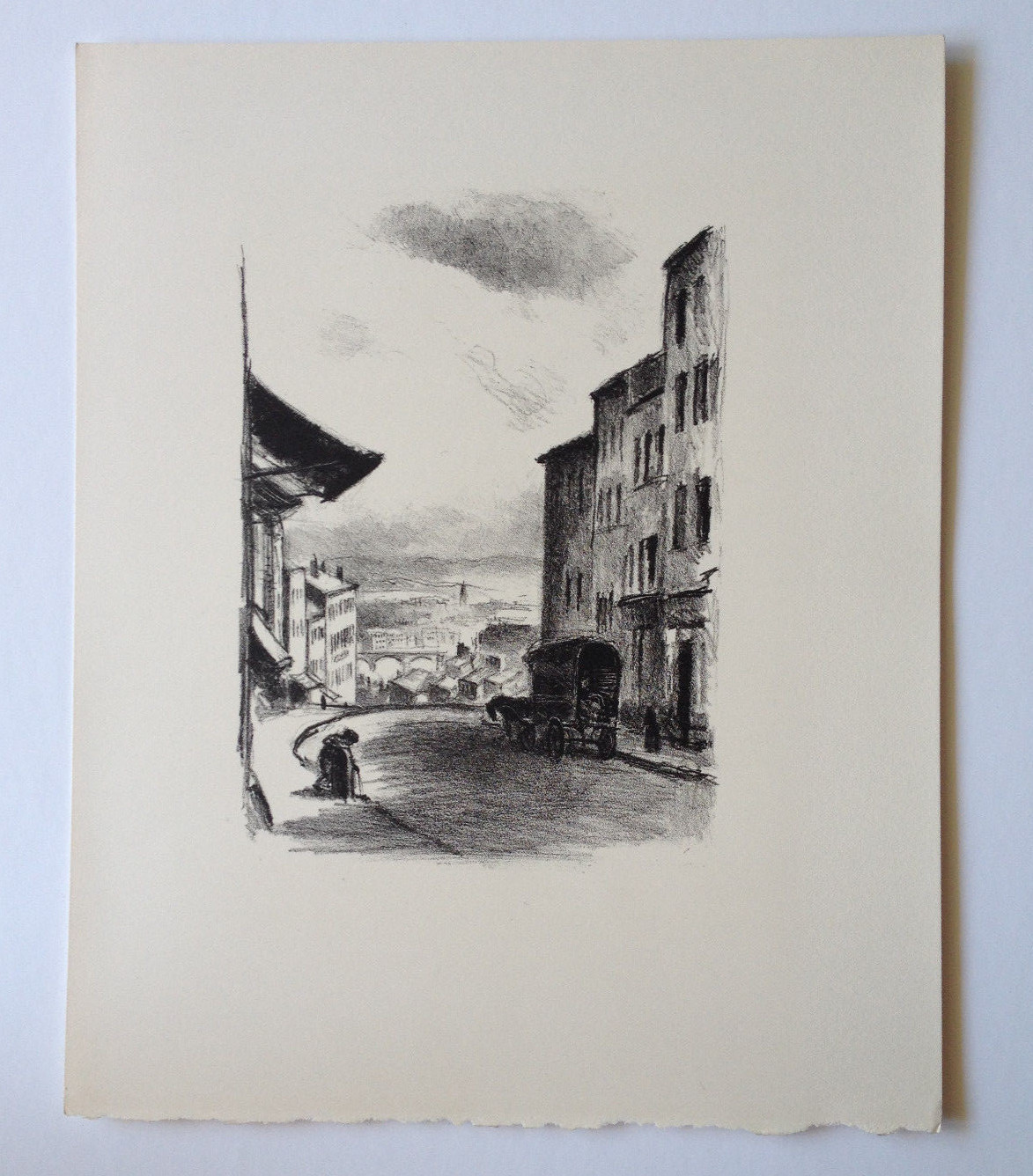 BERTHOLD MAHN gravure lithographie scene de vie paysage carriole ...