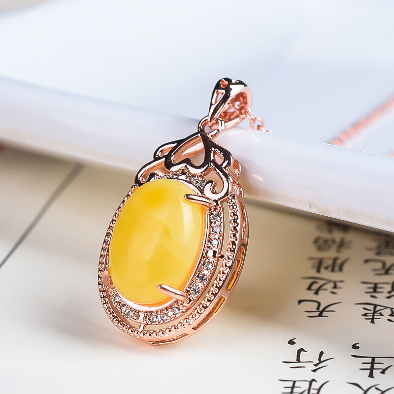 Natural Amber Beeswax Crystal Charm Pendant W/ Necklace Chain 18K Gold ...