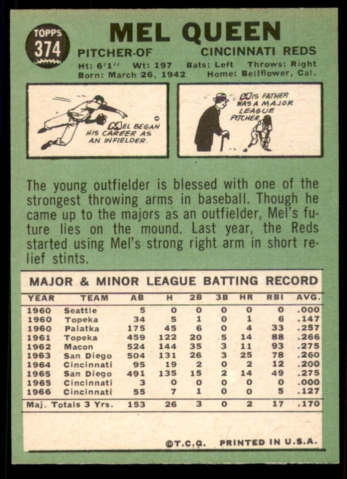 1967 Topps Mel Queen Cincinnati Reds #374 NM | eBay