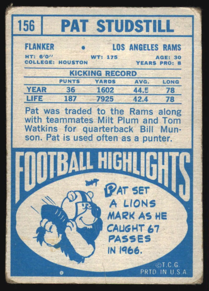 1968 Topps #156 Pat Studstill POOR LA Rams 572775 | eBay