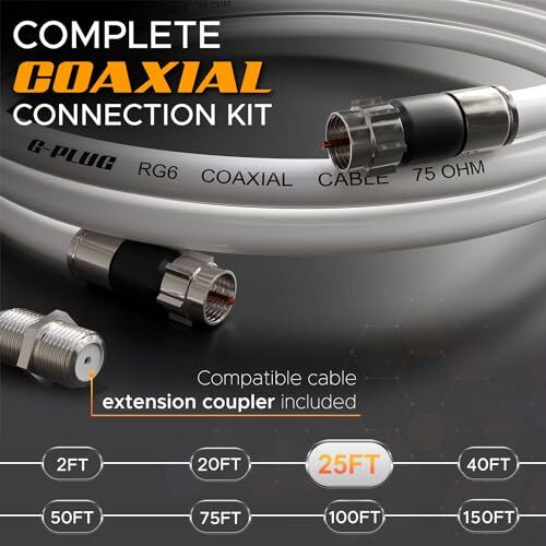 25ft Rg6 Coaxial Cable Connectors Set Highspeed Internet Broadband And ...