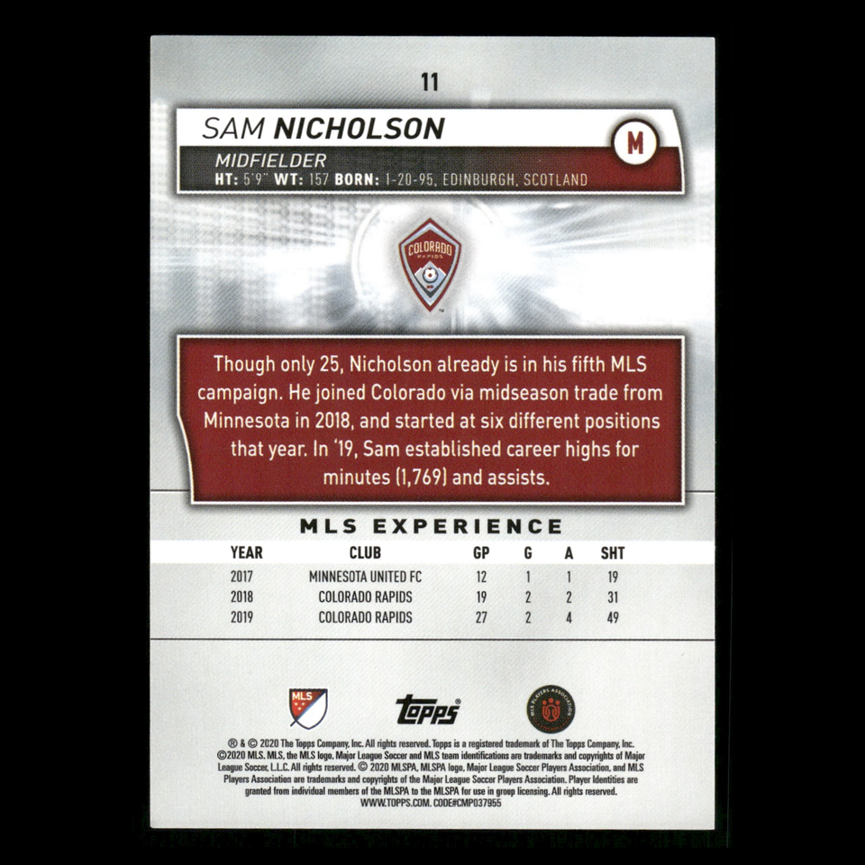 Sam Nicholson #11 2020 Topps MLS Colorado Rapids Soccer Card NM | eBay