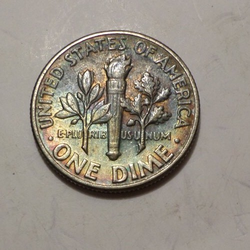 AU 1957 Roosevelt Dime Rainbow Toned Reverse, Cleaned Obverse -combined ...