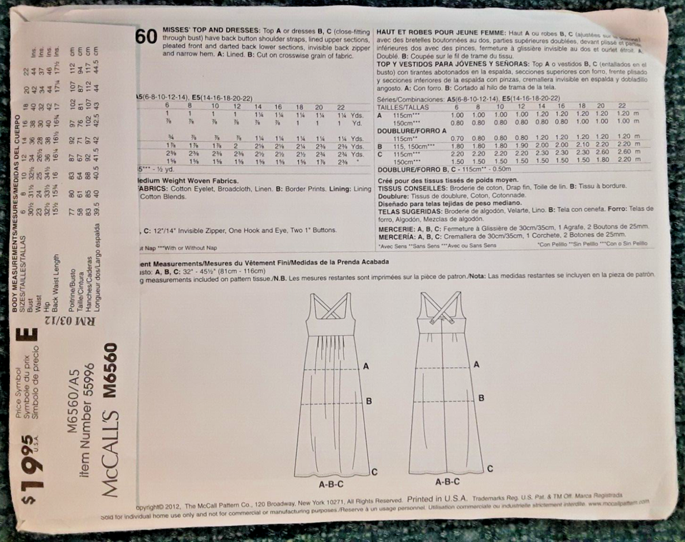 McCall's Pattern M6560 Misses' Top & Dress Sewing Project 6560 (H) | eBay