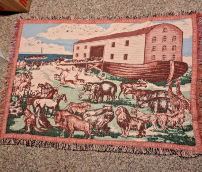 Tapestry Blanket Noah's Ark Animal Throw 48x66 Pink Tones Fringe Animal ...