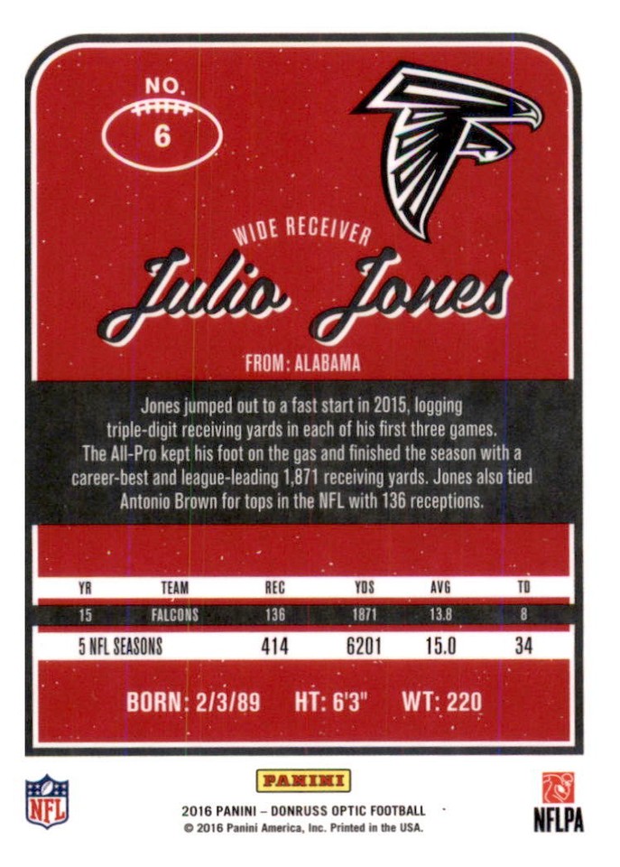 2016 Optic Julio Jones NFL Base Card PWE Set Break Falcons #6 | eBay