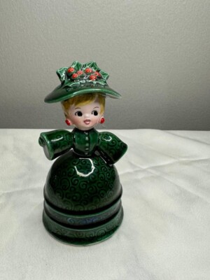 Vintage 1960s Lefton Christmas Girl Bell Figurine – Green Winter Gown ...