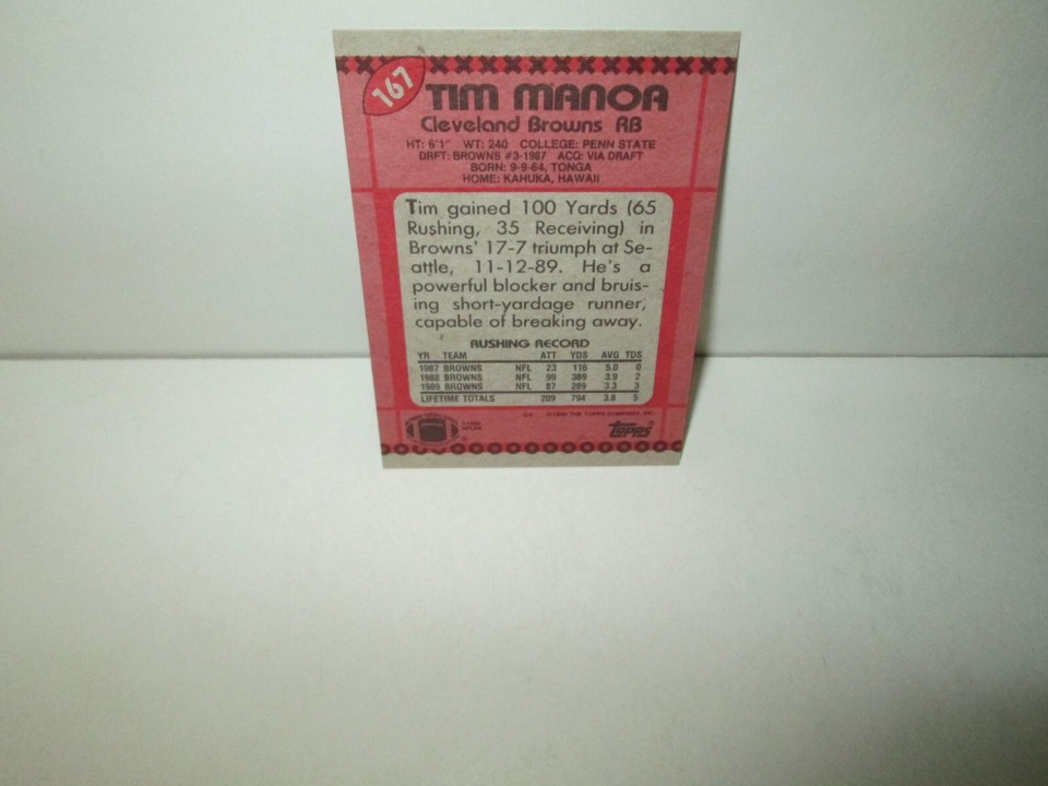 TIM MANOA 1990 TOPPS FOOTBALL CARD #167 Rookie Rc Penn State CLEVELAND ...