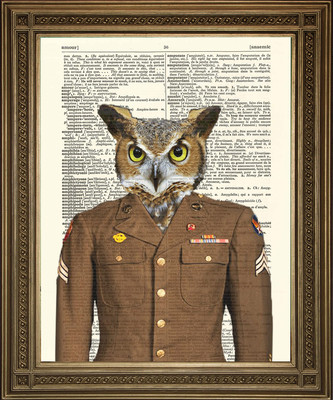 ARMY OWL PRINT: Vintage Bird in Military Uniform, Dictionary Wall ...