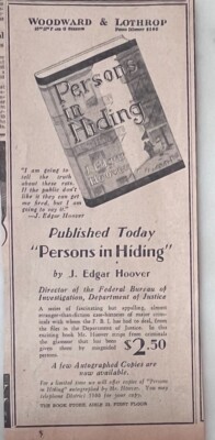 1938 newspaper ad for Persons in Hiding book by J. Edgar Hoover, FBI ...