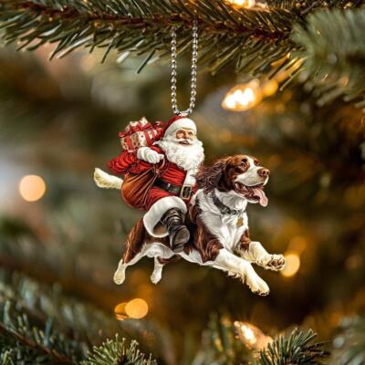 2D Flat English Springer Spaniel Ornament Dog with Santa Ornament Santa ...